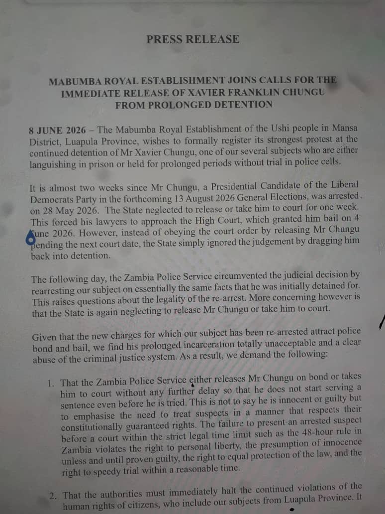 Mabumba Royal Establishment joins calls for release of Chungu, alleges ...